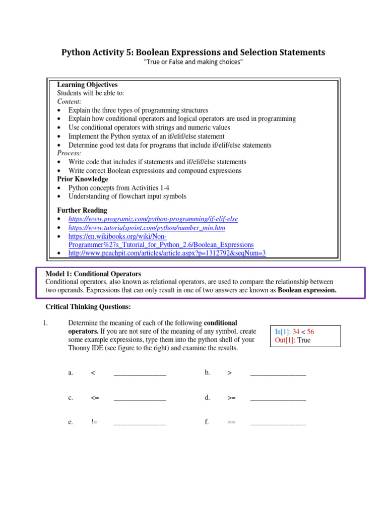 PY 05 BOOL Thonny Booleans | PDF