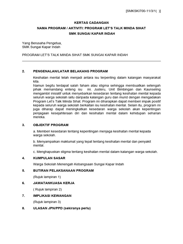 Kertas Kerja Program Lets Talk Minda Sihat | PDF