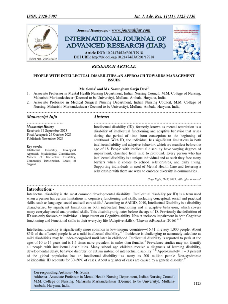 People With Intellectual Disabilities-An Approach Towards Management ...