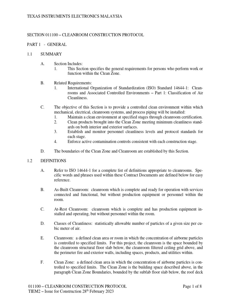 Cleanroom Construction Protocol Rev A | PDF | Secondary Sector Of The ...