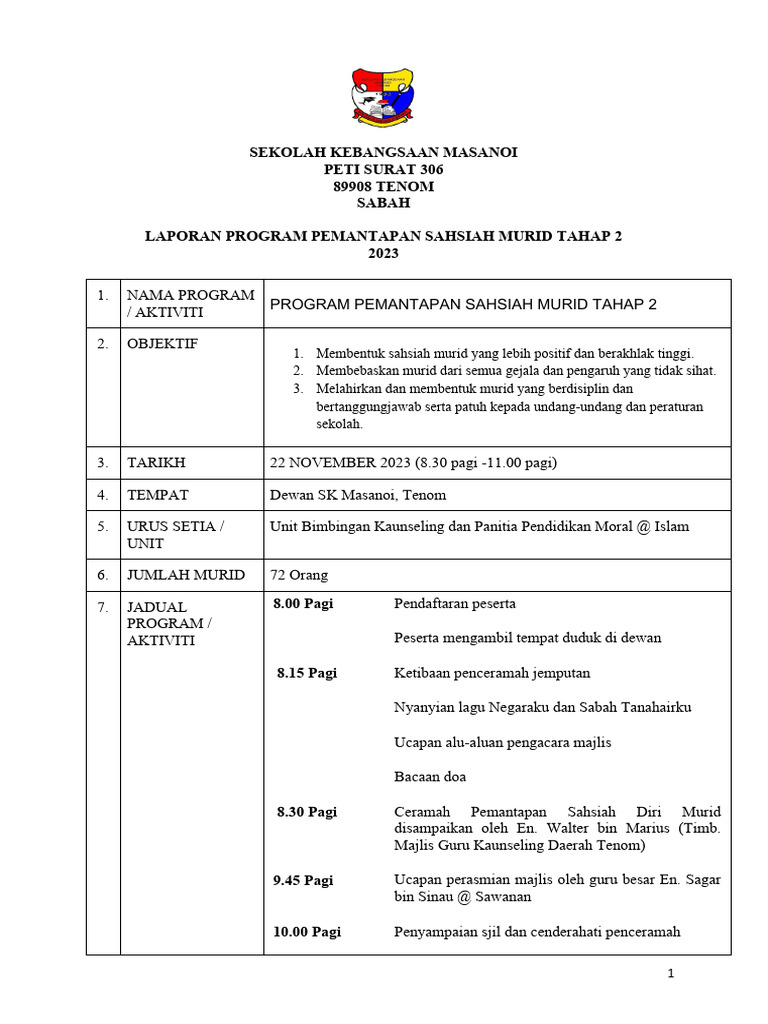 Laporan Program Pemantapan Sahsiah Murid Tahap 2 | PDF