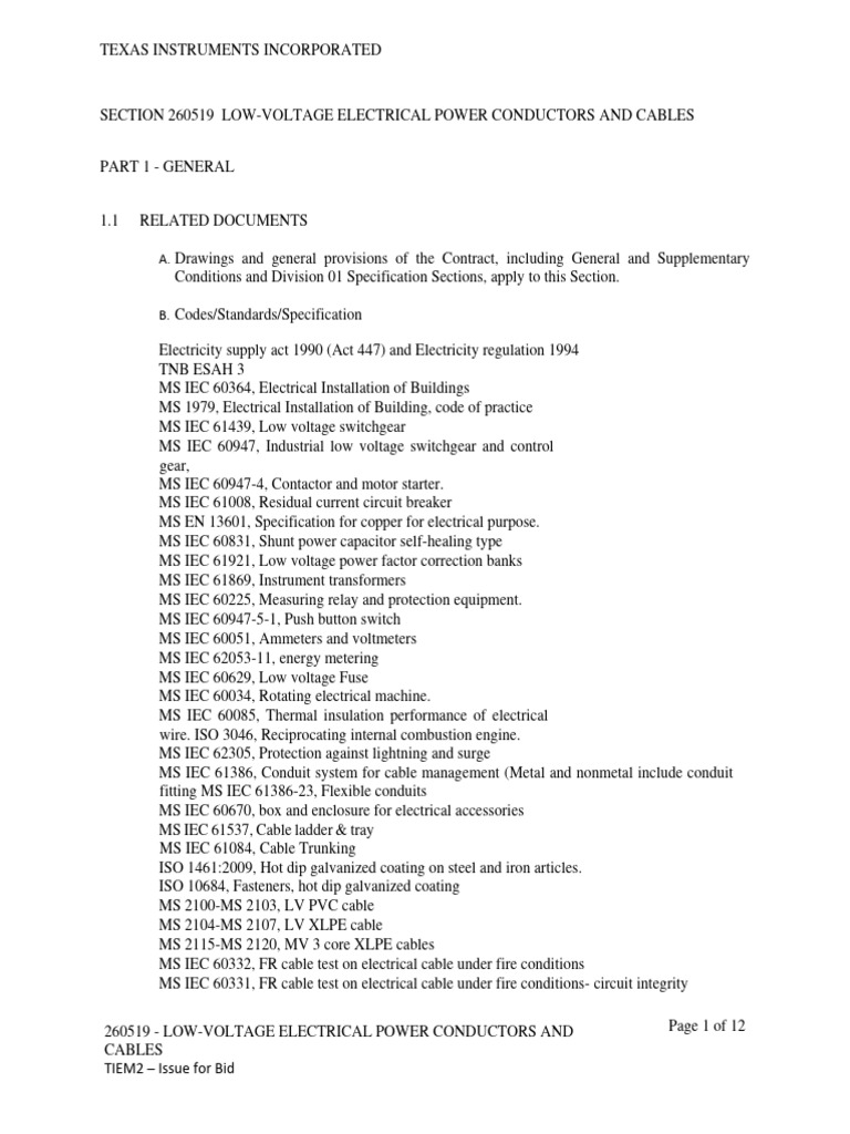 26 05 19 Low Voltage Electrical Power Conductors & Cables | PDF ...