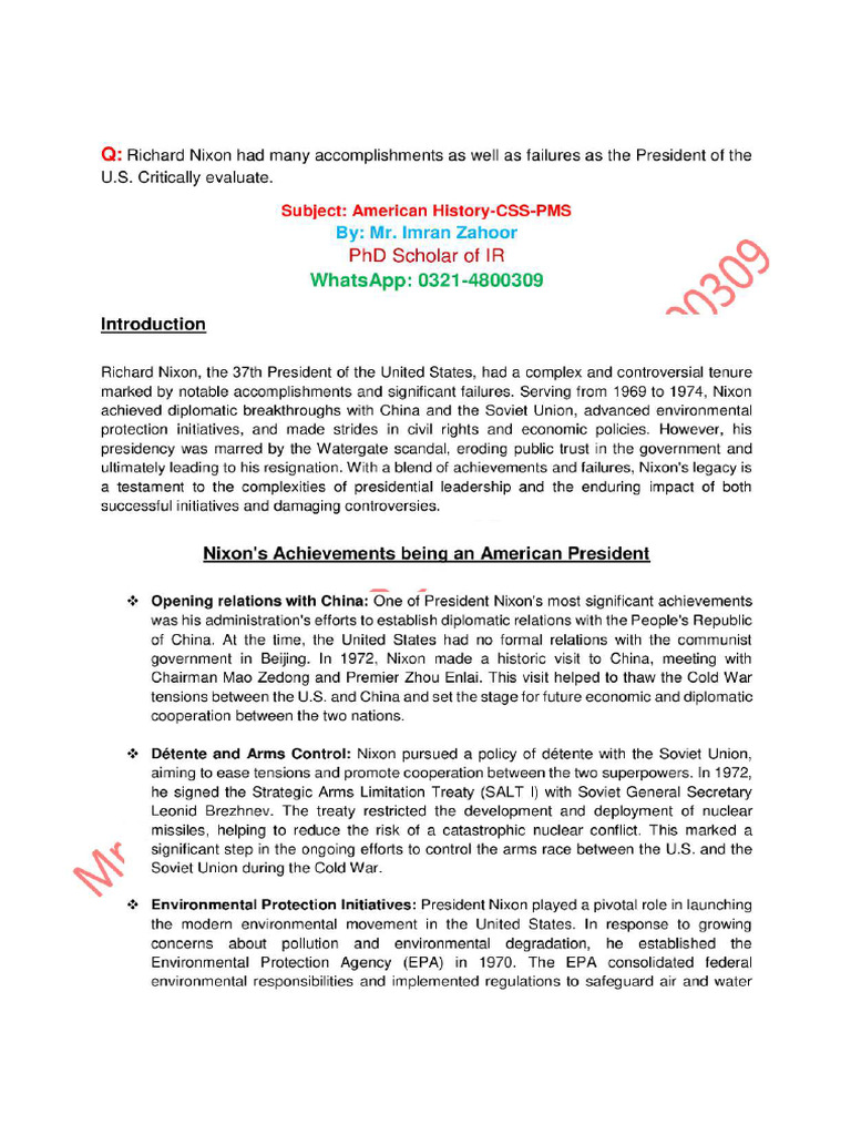 Solved Question Achievemnt and Failures of President Nixon | PDF Solved Question Achievemnt and Failures of President Nixon | PDF