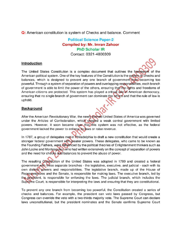 Solved Question American Constitution Checks and Balances | PDF