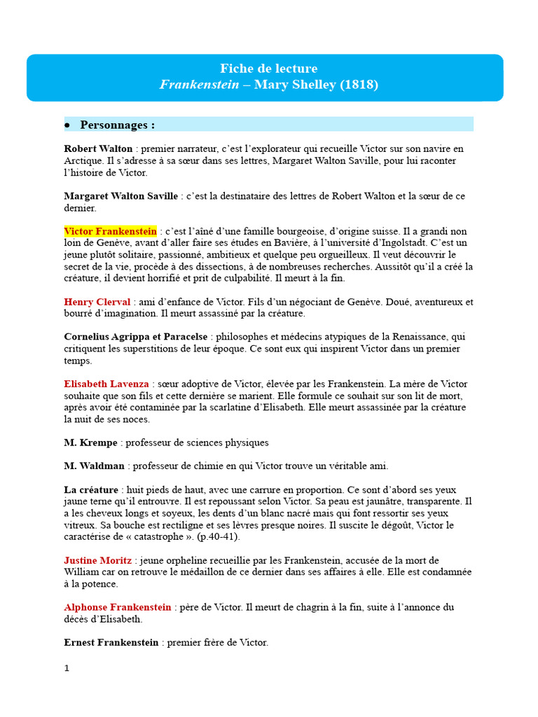 Fiche de Lecture - Frankenstein (Mary Shelley) | PDF