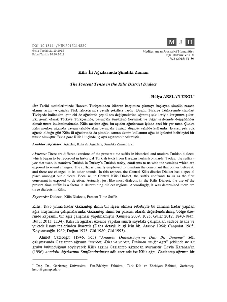 Arslan-Erol 2015 Kilis İli Ağızlarında Şimdiki Zaman (The Present Tense in The Kilis) (MJH 5.2 ...