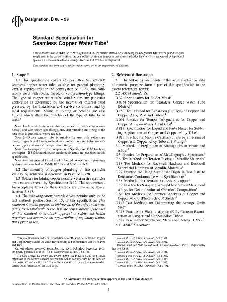 ASTM B88 (1999) - Seamless Copper Water Tube - Inch - 2005-02-14T10-45-00 | PDF | Pipe (Fluid ...