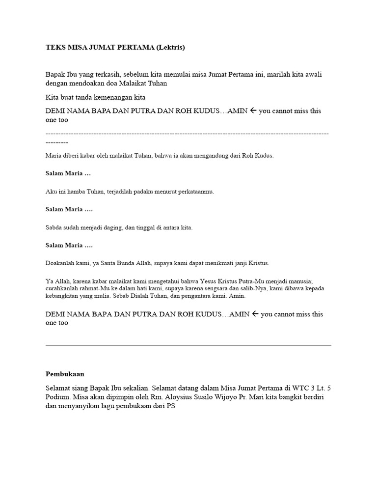Teks Misa Jumat Pertama Lektris - 5 Jan 2024 | PDF