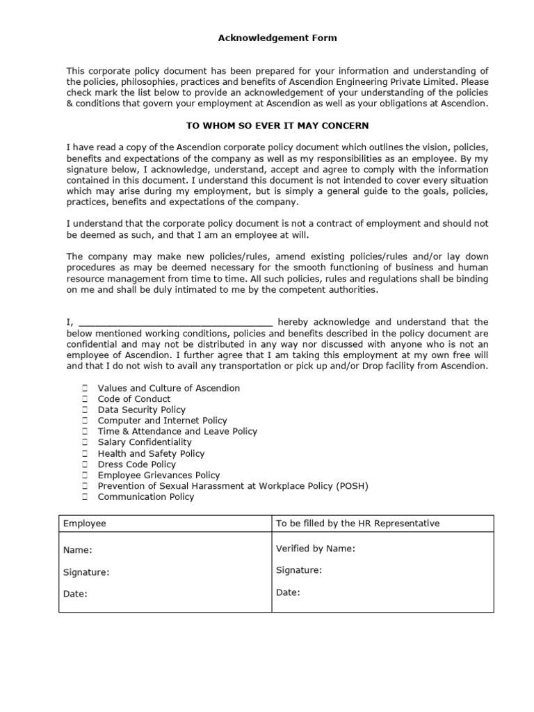 Acknowledgement Form | PDF | Employment | Policy