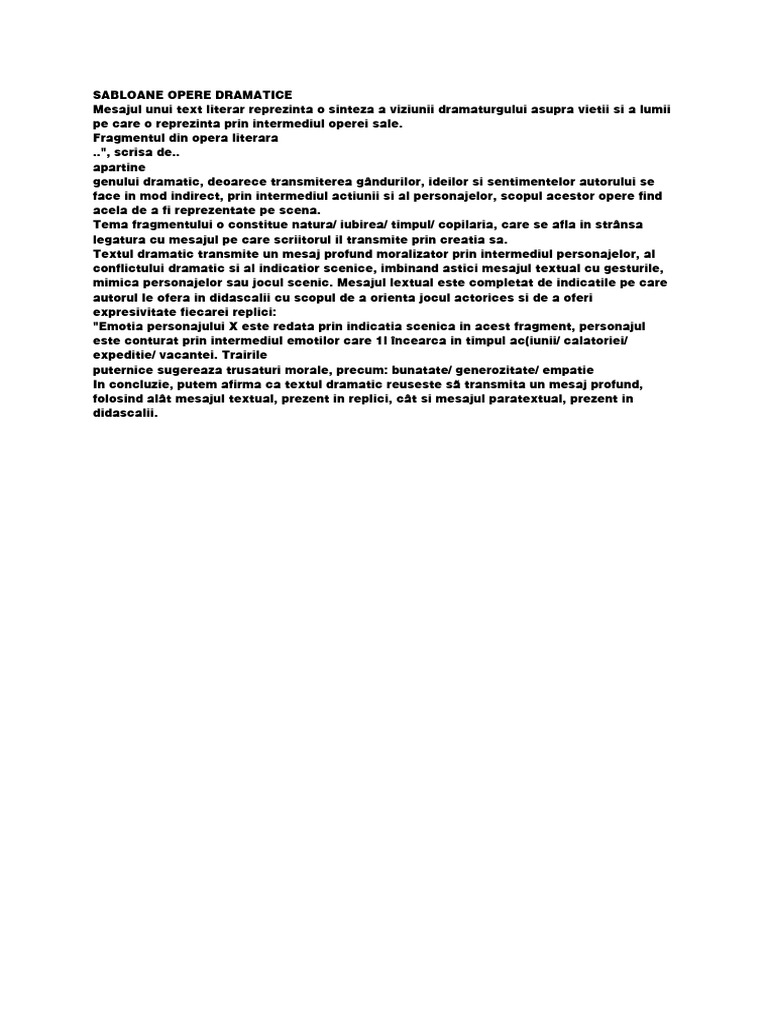 Sablon Opere Dramatice Clasa A VIII A | PDF