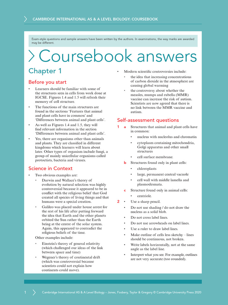 Coursebook Answers Chapter 1 Asal Biology | PDF