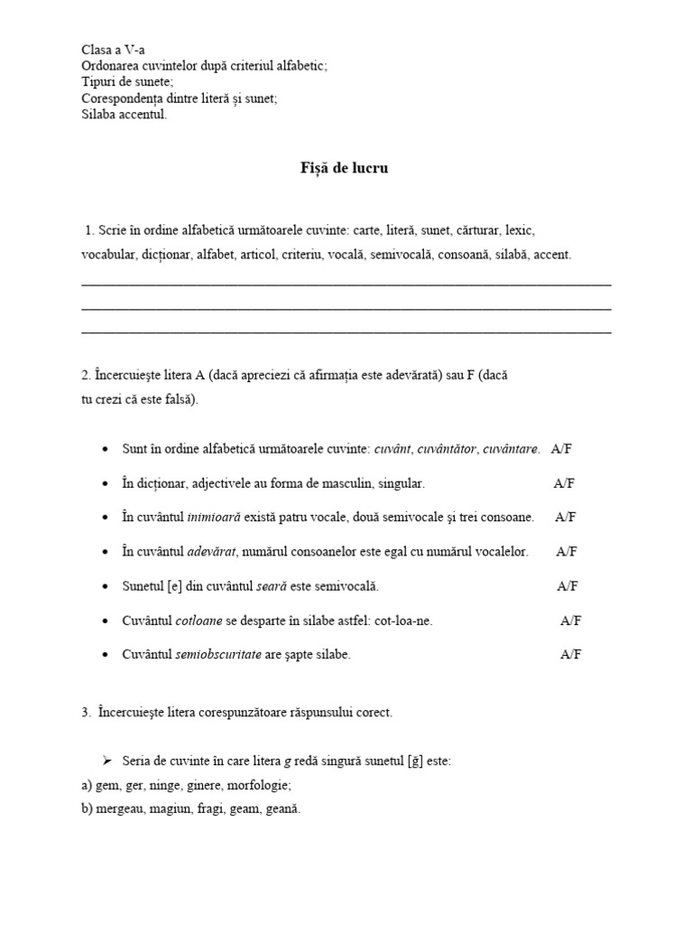 Alfabetul limbii române, etc- clasa a V-a | PDF