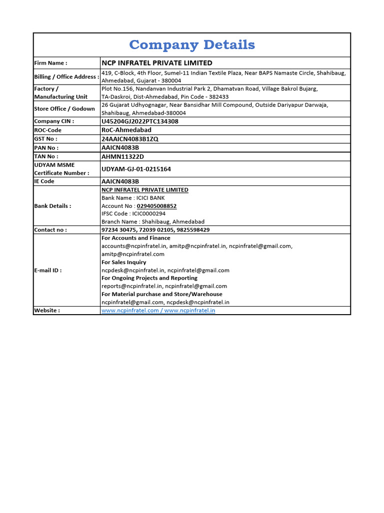 NCP INFRATEL PVT LTD - Company Details | PDF