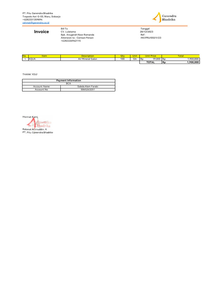 Invoice for CV. Lulatama | PDF
