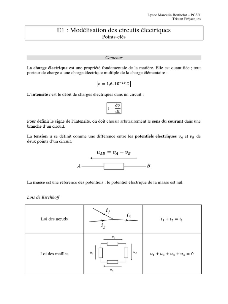 E1 Synthèse - Modélisation Des Circuits Électriques | PDF