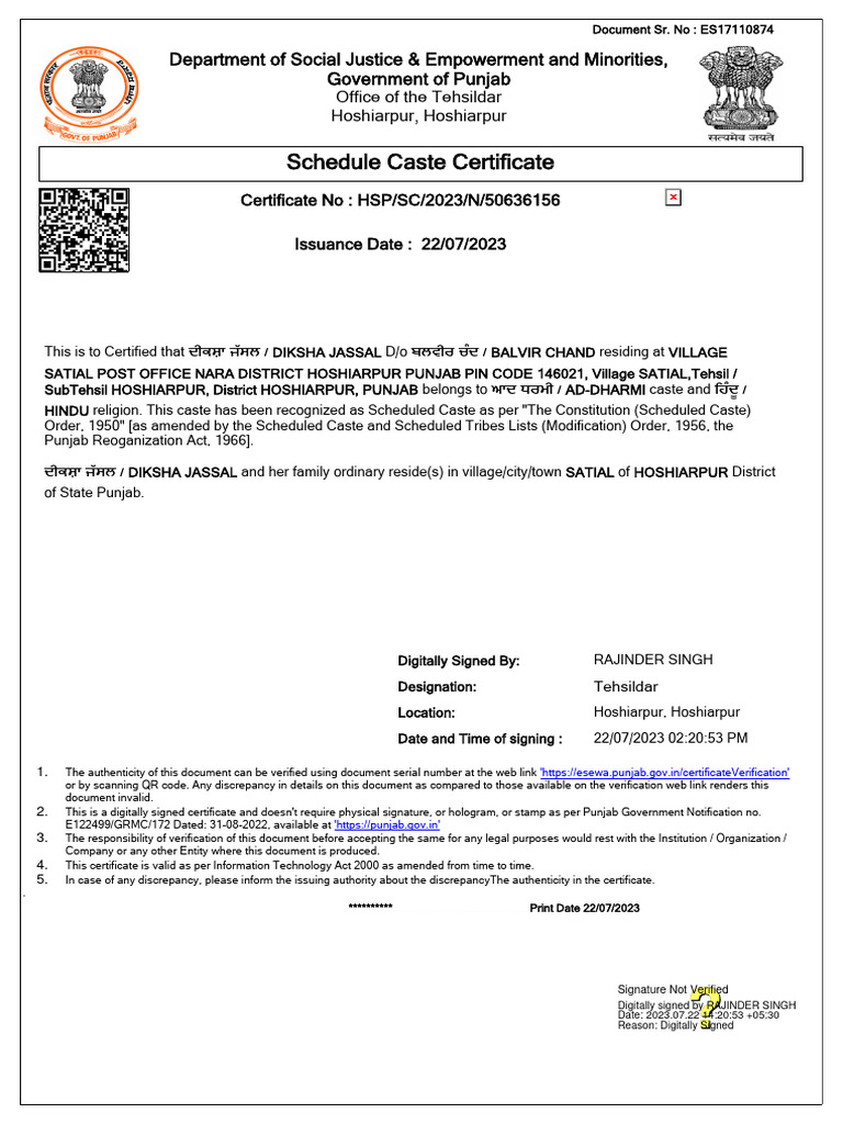 Schedule Caste Certificate: Department of Social Justice & Empowerment and Minorities ...
