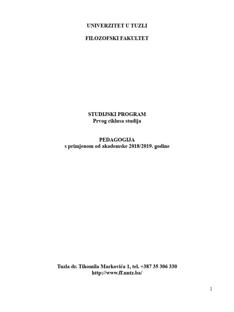 FF Pedagogija Studijski Program I Ciklus 2018 19 | PDF