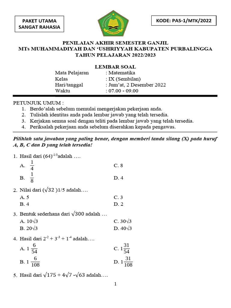 SOAL PAS 9 MTK GANJIL 3 Edit | PDF