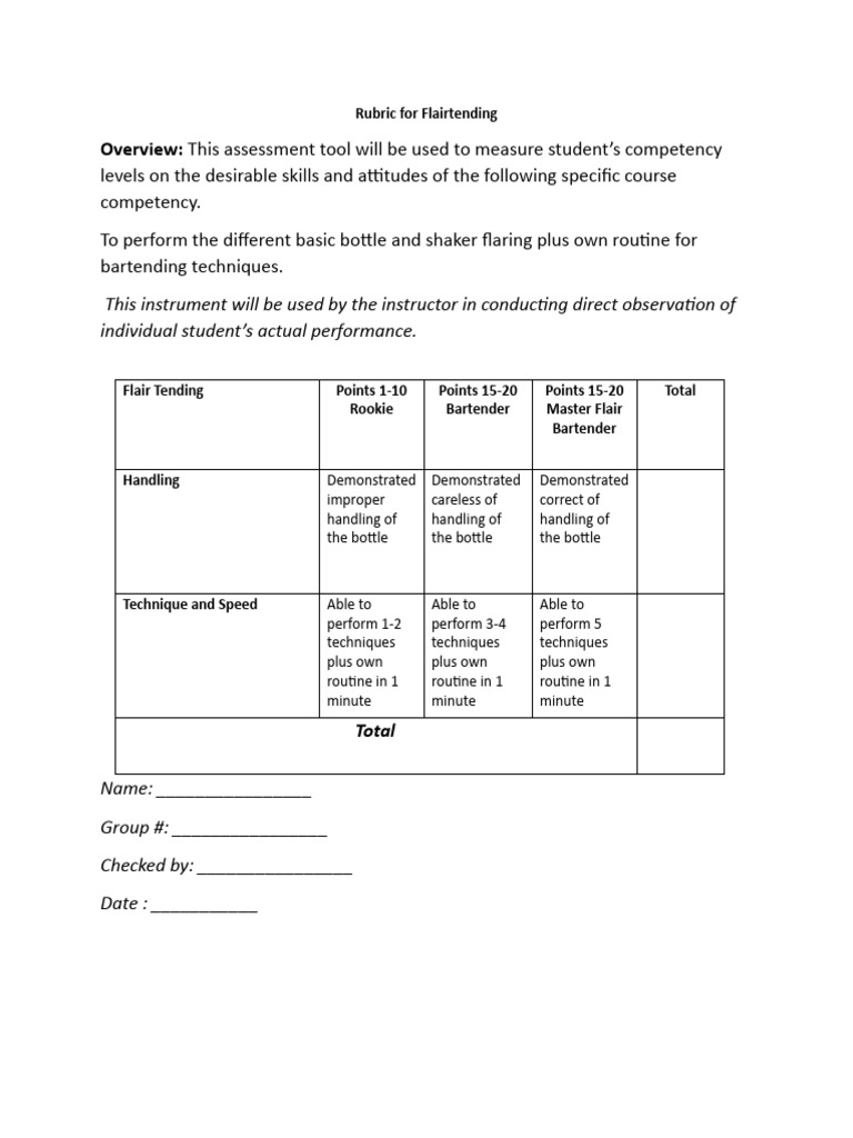 Rubric For Flairtending | PDF | Career & Growth