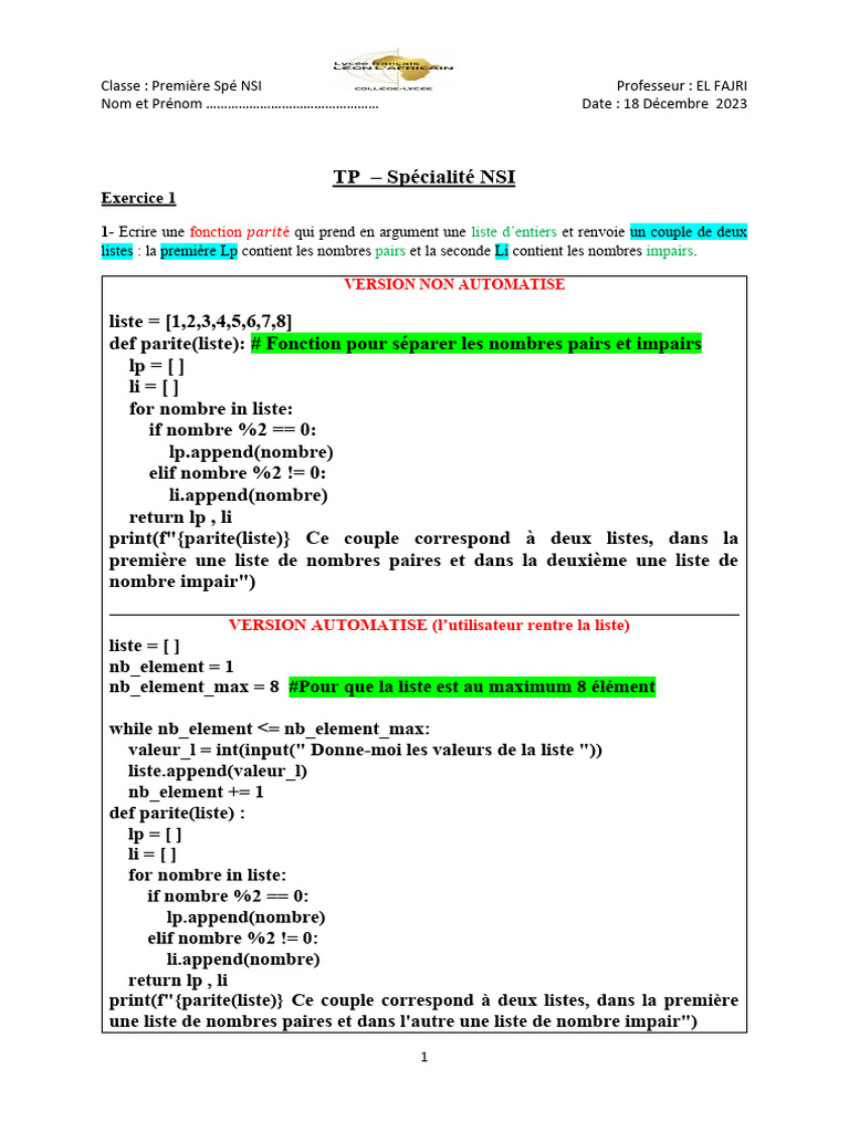 TP NSI: Fonctions Python et Analyse CSV | PDF