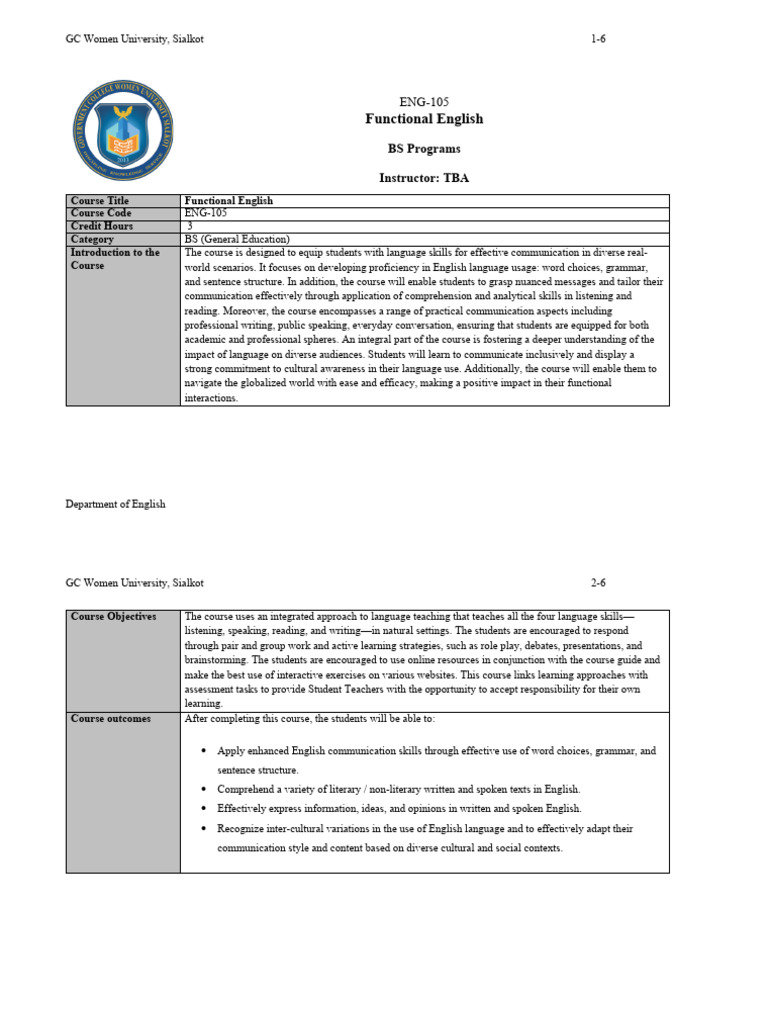 Course Outline-Functional English | PDF