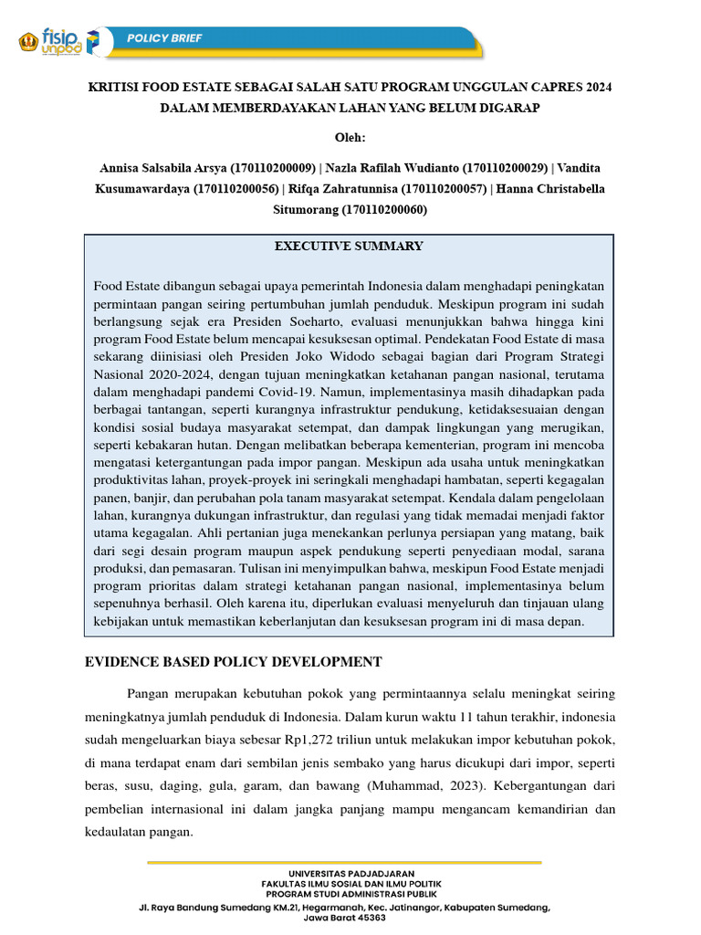 Policy Brief Food Estate | PDF