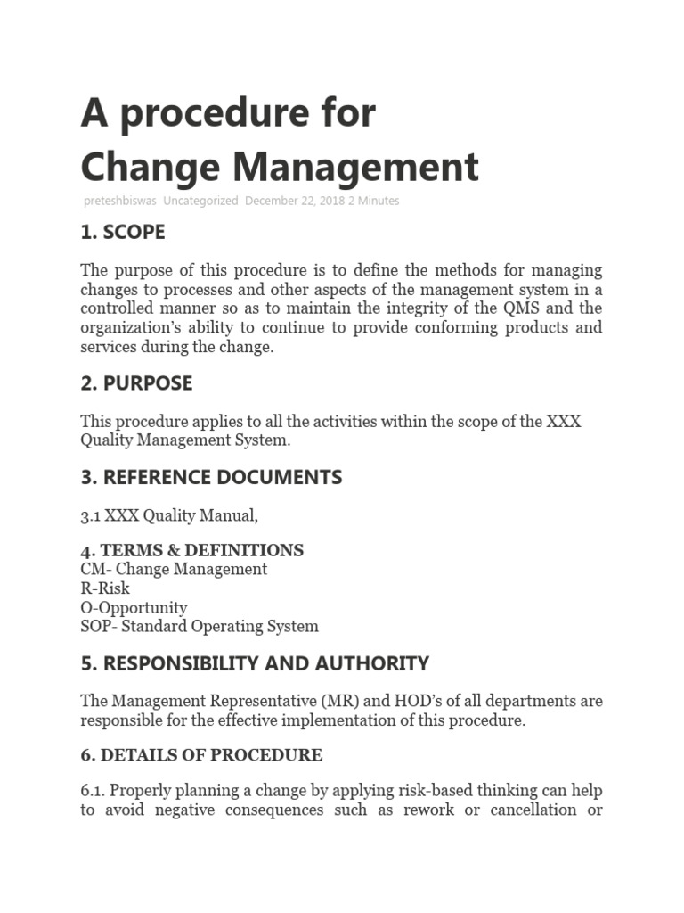 A procedure for Change Management | PDF | Quality Management System ...