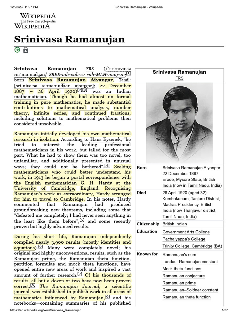 Srinivasa Ramanujan - Wikipedia | PDF