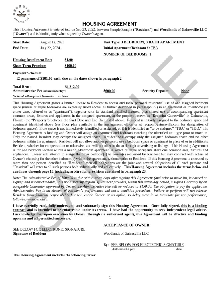 2023 24 Sample Housing Agreement Redpoint Gainesville | PDF | Law