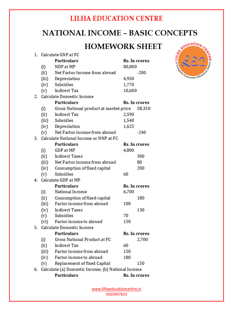 National Income - Basic Concepts Homework Sheet | PDF