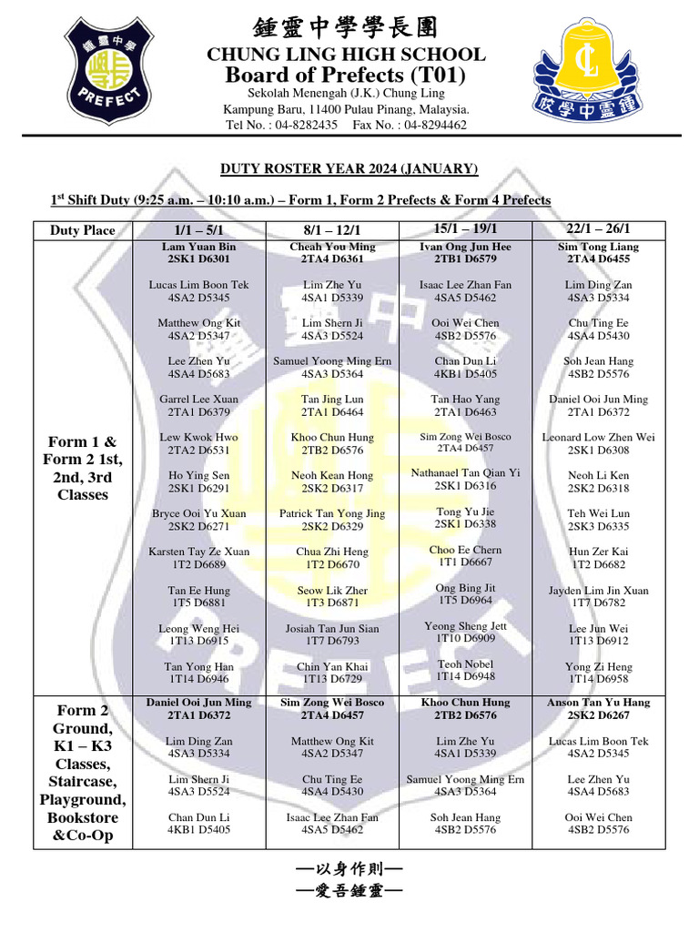 Chung Ling Prefects Duty Roster | PDF