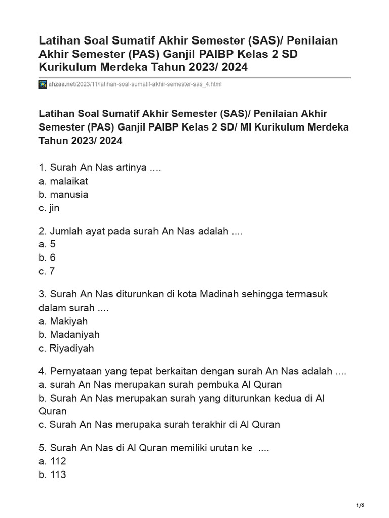 Latihan Soal Sumatif Akhir Semester SAS Penilaian Akhir Semester PAS Ganjil PAIBP Kelas 2 SD ...