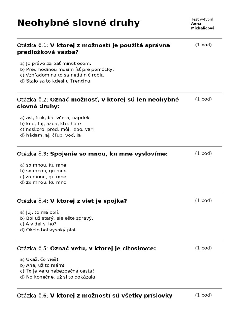 Neohybné Slovné Druhy | PDF