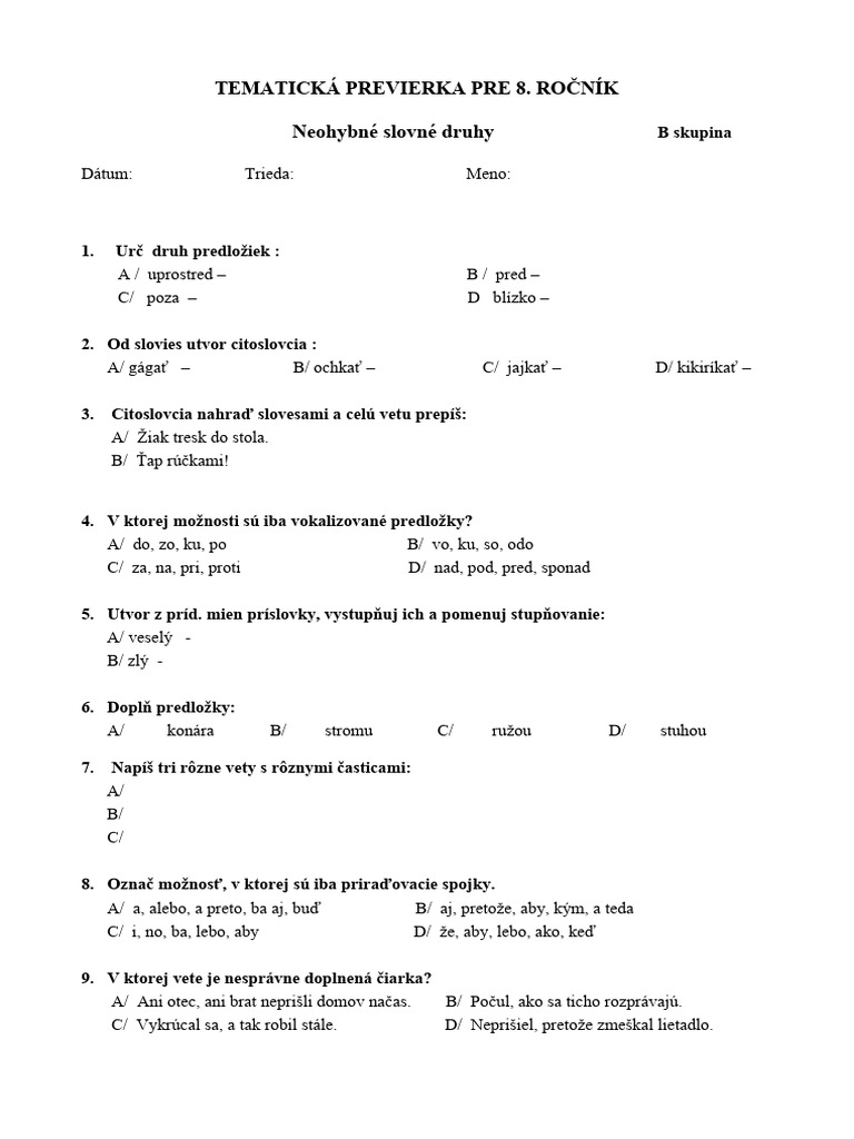 Neohybné Slovné Druhy - Previerka | PDF