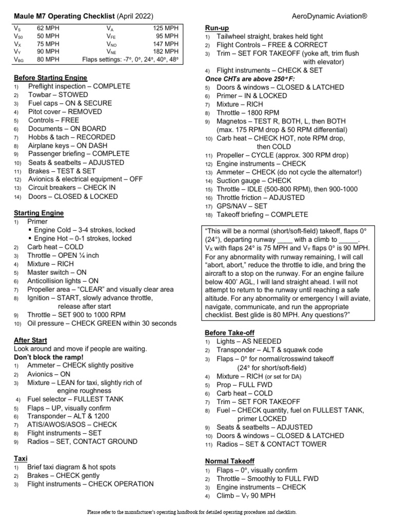 Maule M7 Checklist | PDF | Takeoff | Flap (Aeronautics)