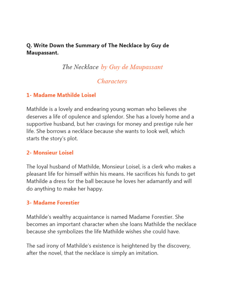 The Necklace by Guy de Maupassant Notes | PDF