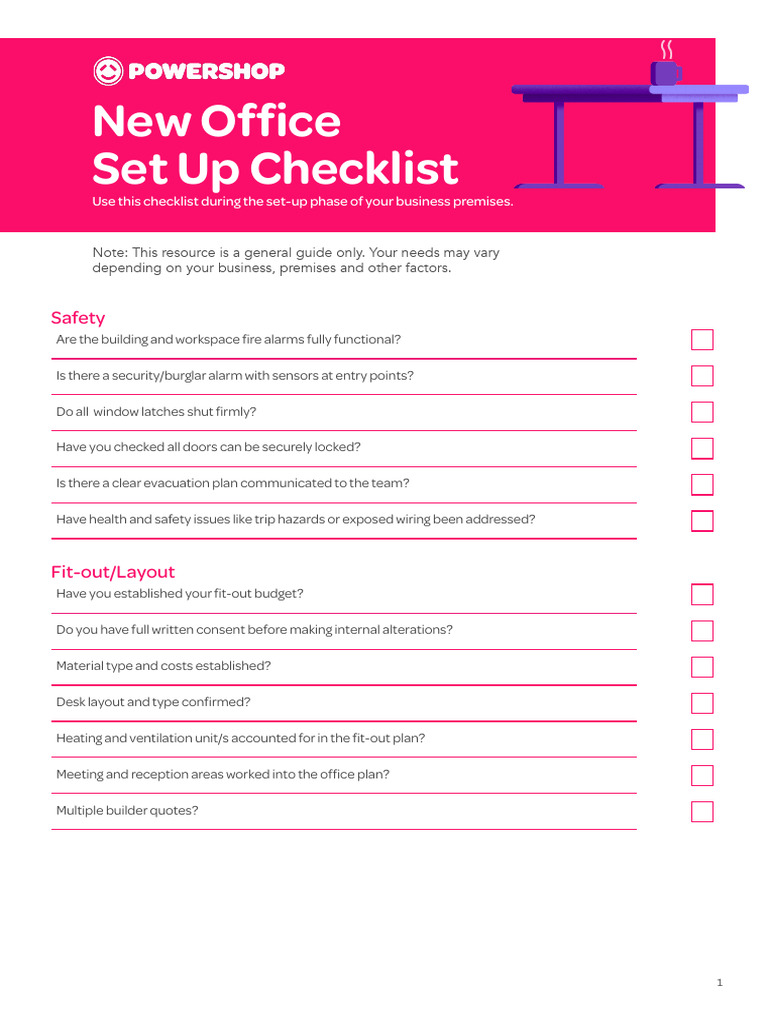 New Office Setup Checklist Guide | PDF | Lighting | Bathroom