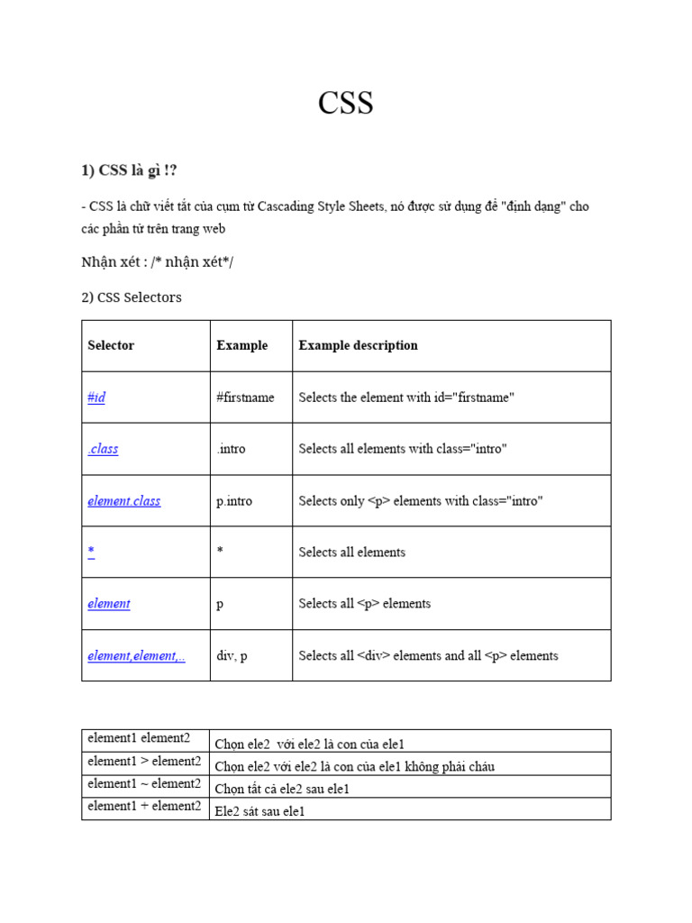 1) CSS Là Gì !?: Selector Example Example Description | PDF