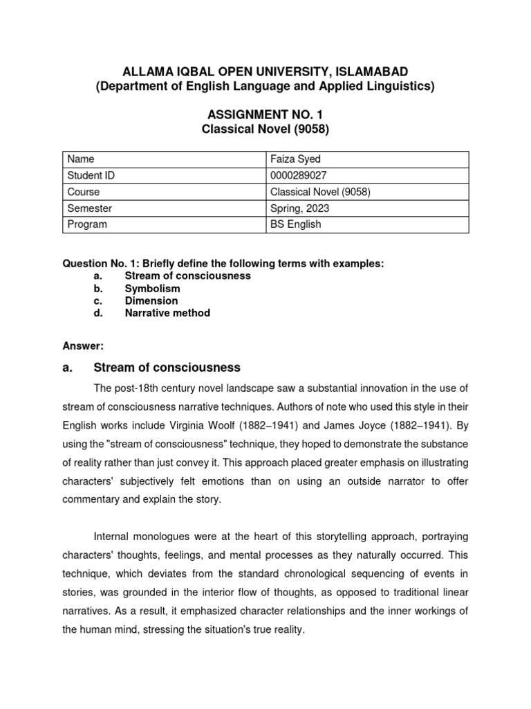 Assignment No 1 Classical Novel 9058 Solved | PDF | Novels | Narration