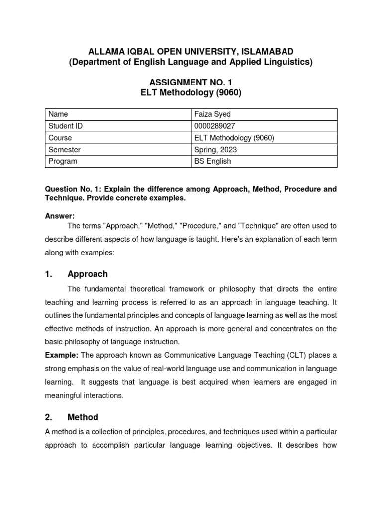 Assignment No 1 ELT Methodology (9060) Solved | PDF