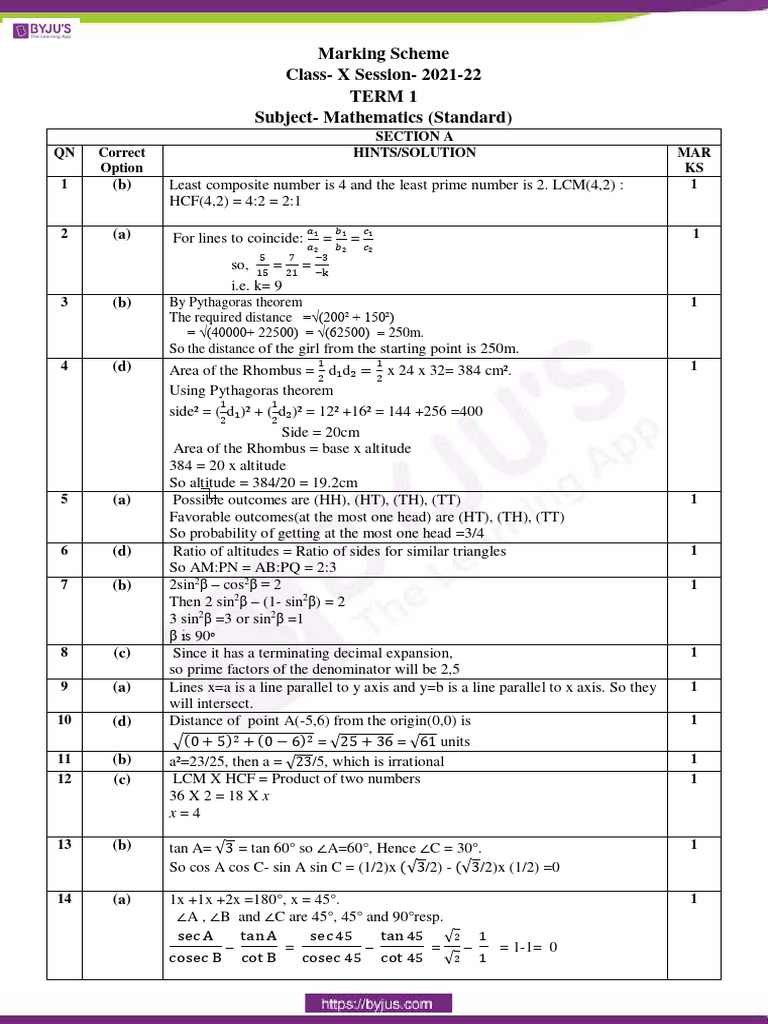 CBSE Class 10 Maths Standard Marking Scheme and Answer Key Term 1 2021 22 | PDF | Euclidean ...