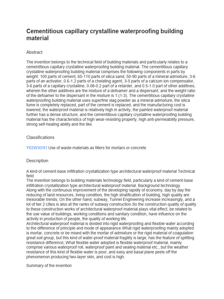 CN104355584A Cementitious Capillary Crystalline Waterproofing | PDF ...