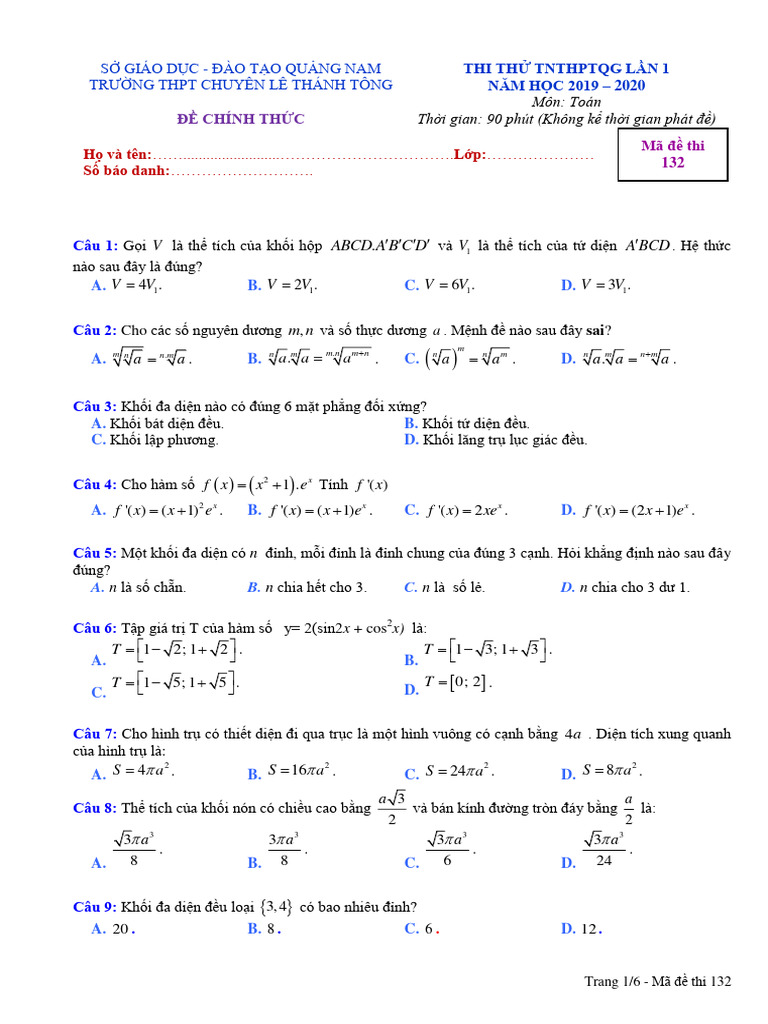 de Thi Thu Lan 1 - LTT - 2019-2020 | PDF