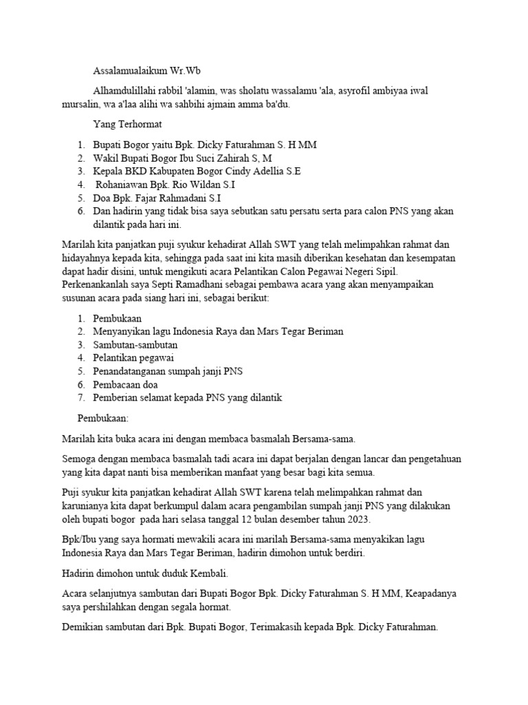 Teks MC Sumpah Janji PNS Punya Septi 11 Otkp 2 | PDF