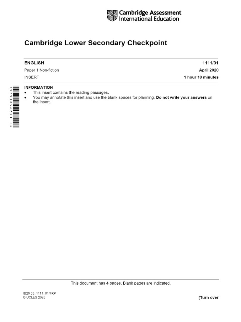 Cambridge Secondary Checkpoint - English (1111) April 2020 Paper 1 Non ...