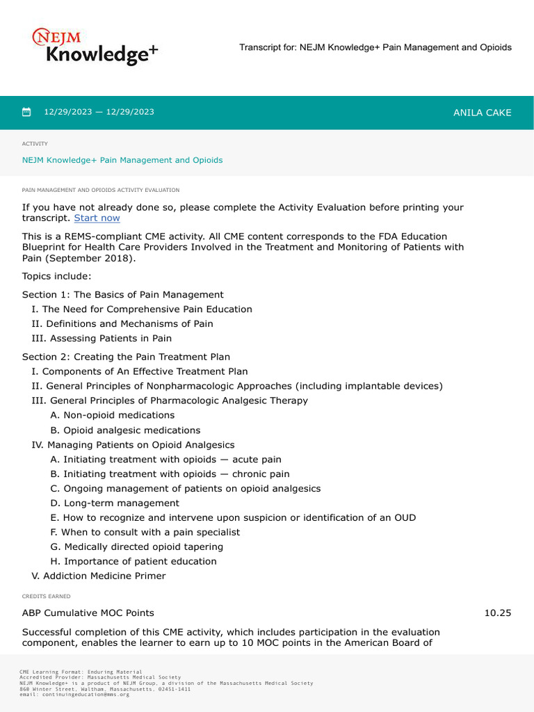 NEJM Pain Management CME Overview | PDF | Science & Mathematics