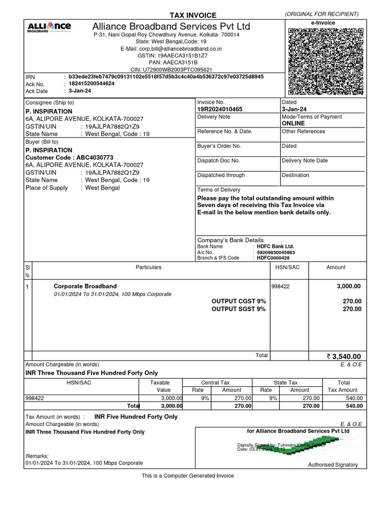 Alliance Broadband Services PVT LTD: Tax Invoice | PDF | Money | Government