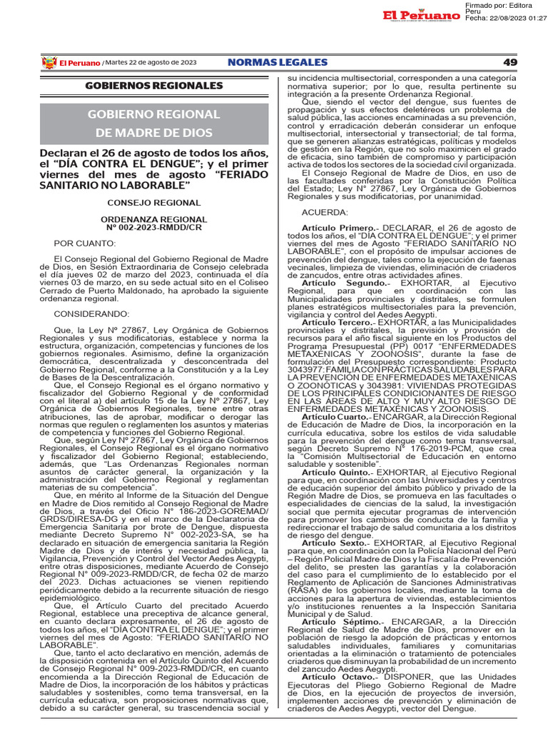 Ordenanza Regional 002-2023-RMDD-CR | PDF | Gobierno