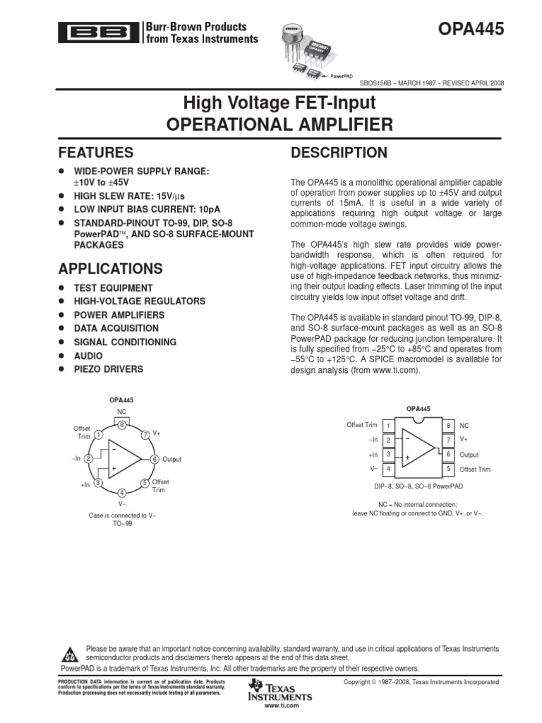 Opa 445 | PDF | Amplifier | Operational Amplifier