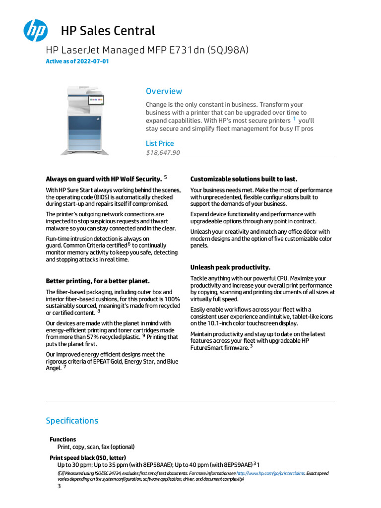HP LaserJet Managed MFP E731dn (5QJ98A) Spec Sheet | PDF | Image ...